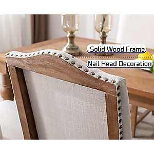 EALSON Farmhouse Dining Chairs Set of 2 Upholstered Dining Room Chairs with Wood Legs and Nailhead Trim Mid Century Modern Kitchen Chairs with High Back Padded Parson Chairs, Linen Beige