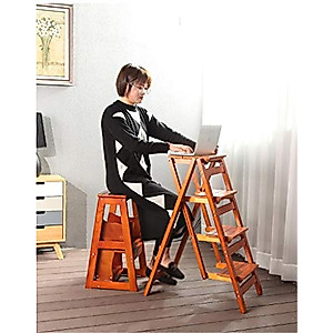 Step Stool Stepladder Stool Three-Step Ladder Stool, Anti-Skid Pedal Ladder Thickening Wood Stepladders Articles Place Shelves Large Load-Bearing, Brown 28 * 56 * 76cm Folding Ladder Stool