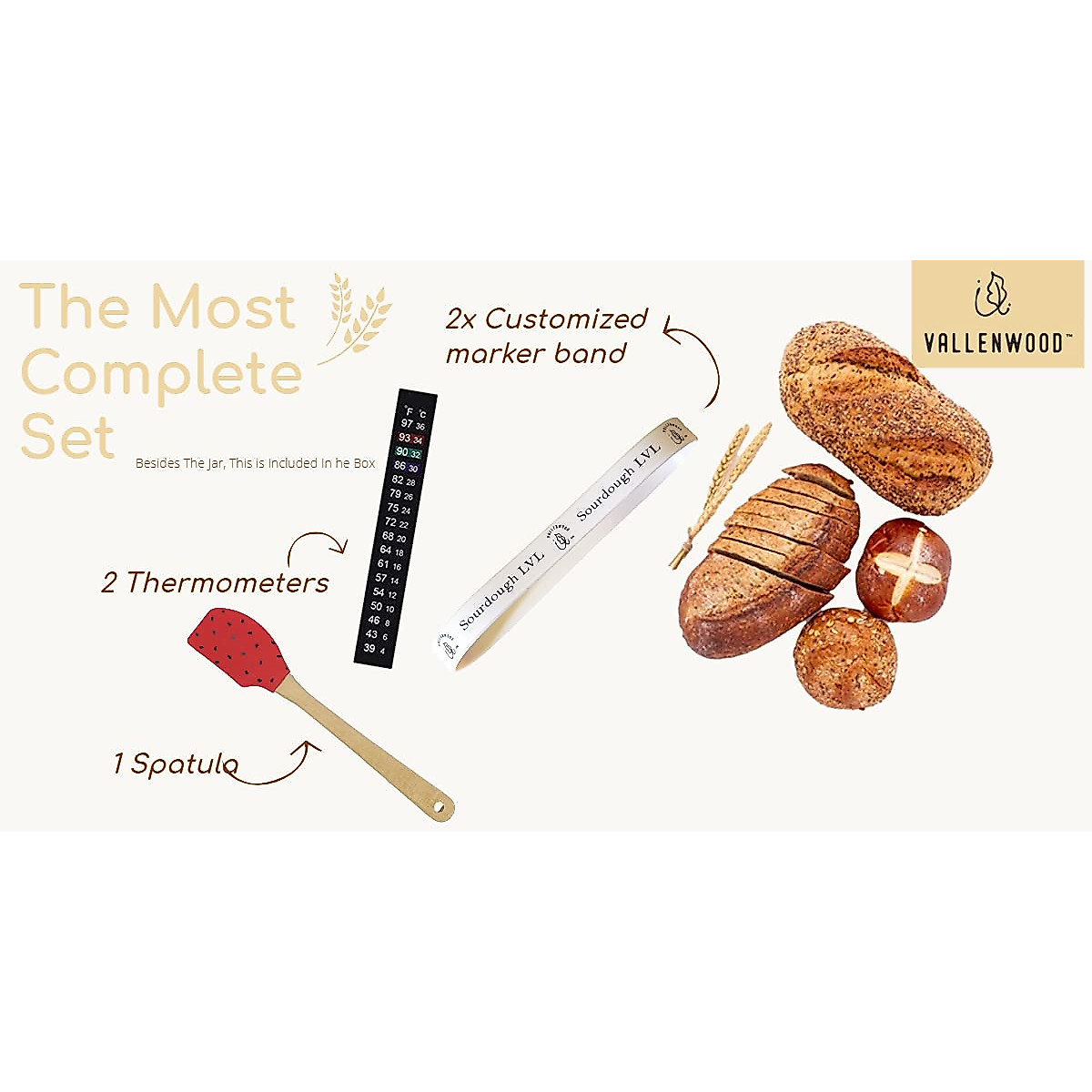 VALLENWOOD Sourdough Set: Clear Thicker Glass Jar 34oz, 1L With Lid. Plus Silicone Band Level Tag, Thermometer With Magnetic Strip And Spatula. For Fermenting. For Starter (Circular)