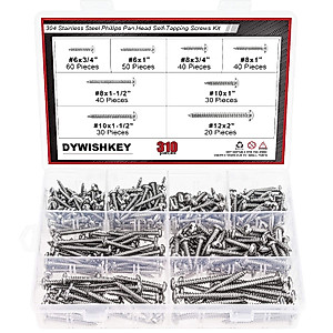 DYWISHKEY 310 Pieces #6#8#10#12 Stainless Steel 304 Phillips Pan Head Self-Tapping Screws, Wood Screws Assortment Kit