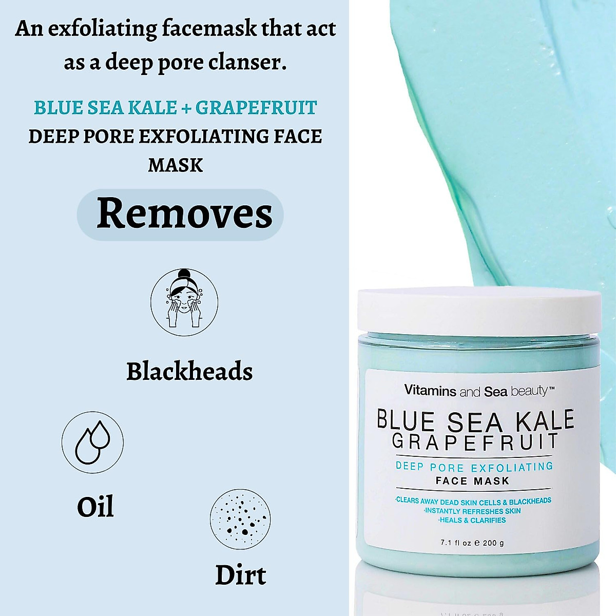 VITAMINS AND SEA BEAUTY, Exfoliating Face Mask Deep Cleansing Purifying Blackhead Pore Control with Blue Sea Kale and Grapefruit, Skincare for All Skin Types, 8.5 Fl Oz