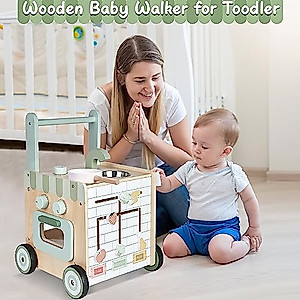 Asweets 8 in 1 Wooden Play Kitchen Baby Walker Push and Pull Learning Activity Walker for Boys and Girls with Bakery Kitchen,Shape Sorter and Movable Slider