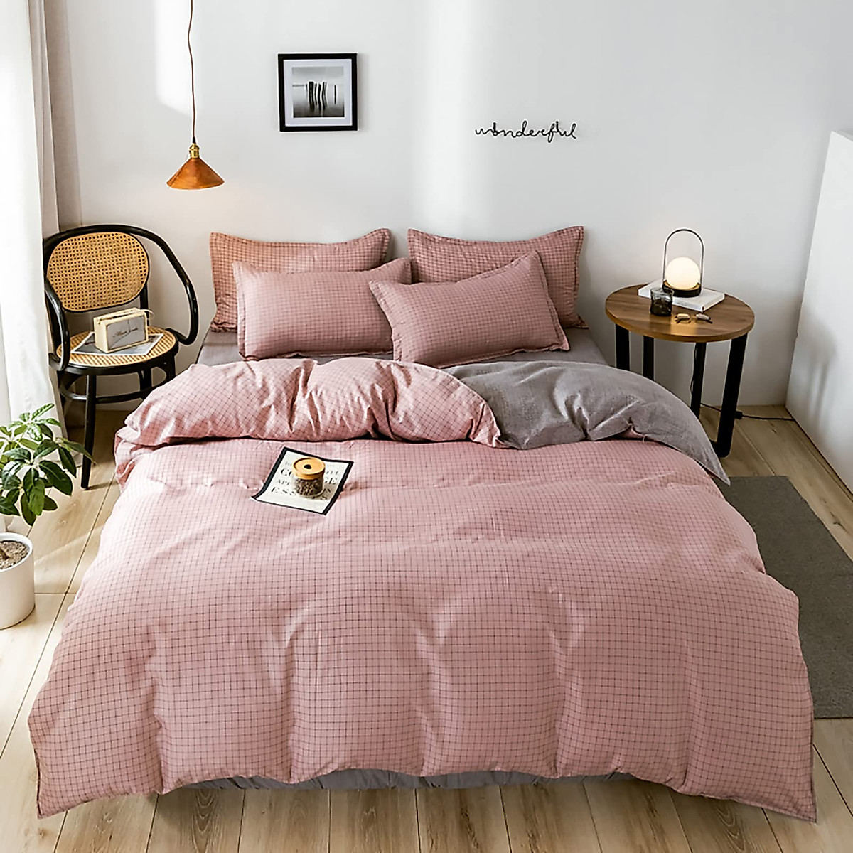 JORMEY Duvet Cover Full Size-Super Soft Duvet Cover,Soft Beige Grid Bedspread Cover Set,3 Pieces Full Size Bedding Set with Zipper Closure and 2 Pillow Shams