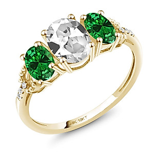 Gem Stone King 10K Yellow Gold Oval White Created Sapphire Green Simulated Emerald and Diamond 3-Stone Engagement Ring For Women (1.72 Cttw, Available In Size 5, 6, 7, 8, 9)