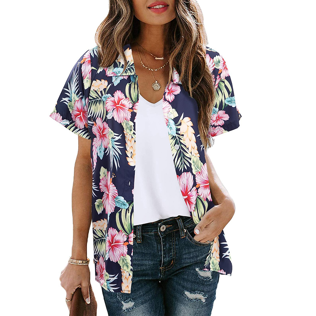 MYHALF Women Hawaiian Shirt Soft Cool Summer Hawaii Shirts Floral Tropic Print V Neck T-Shirt Short Sleeve Button Up Tops