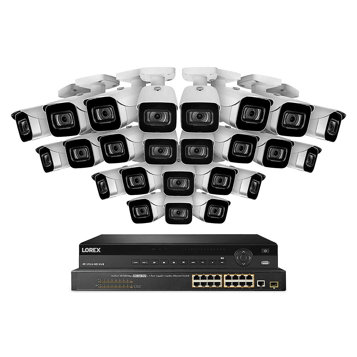 Lorex NC4K8-3224WB 32 Channel 4K Surveillance System with N882A38B 8TB 4K Fusion NVR, 16 Port ACCLPS263B POE Switch and 24 E841CA-E 8MP White Bullet Cameras