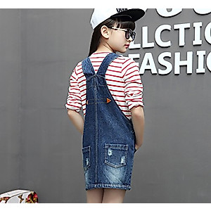 KIDSCOOL SPACE Girls Bibs Pocket Adjustable Straps Casual Jean Overall Dress,Blue,6-7 Years