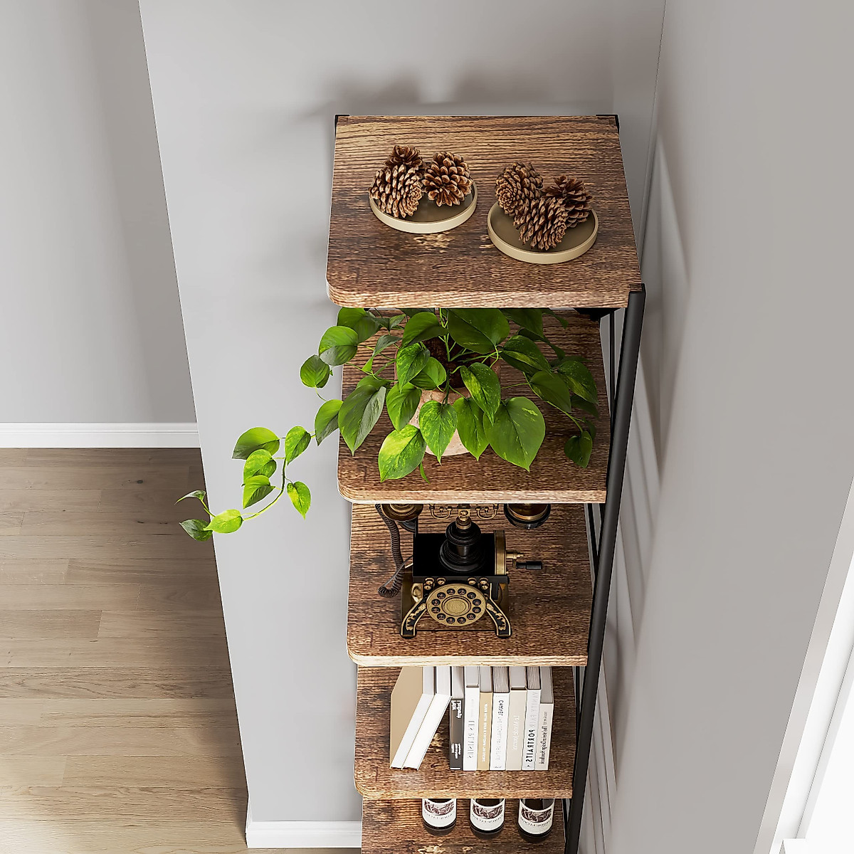 Buytime Corner Bookshelf, Corner Bookshelf for Living Room. 6-Tier Rustic Wooden Corner Bookshelf with Metal Frame, Corner Book Shelf, Tall Corner Shelf, Metal Corner Shelf