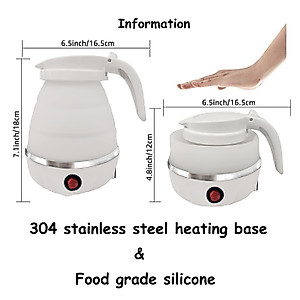 Foldable Portable Electric Kettle with Food Grade Silicone, 6 Mins Fast Water Boiling Tea Pot Coffee Pot for Camping or Travel, Collapsible Kettle with Separable Power Cord 110V US Plug 600ML White