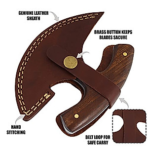 Hercules Knives Custom San Mai Damascus Steel Traditional Alaskan Ulu Knife Multi-Purpose Pizza Cutter, Vegetable Chopping, Boning Slicing Cutting Walnut Handle Leather Sheath (UL-05)