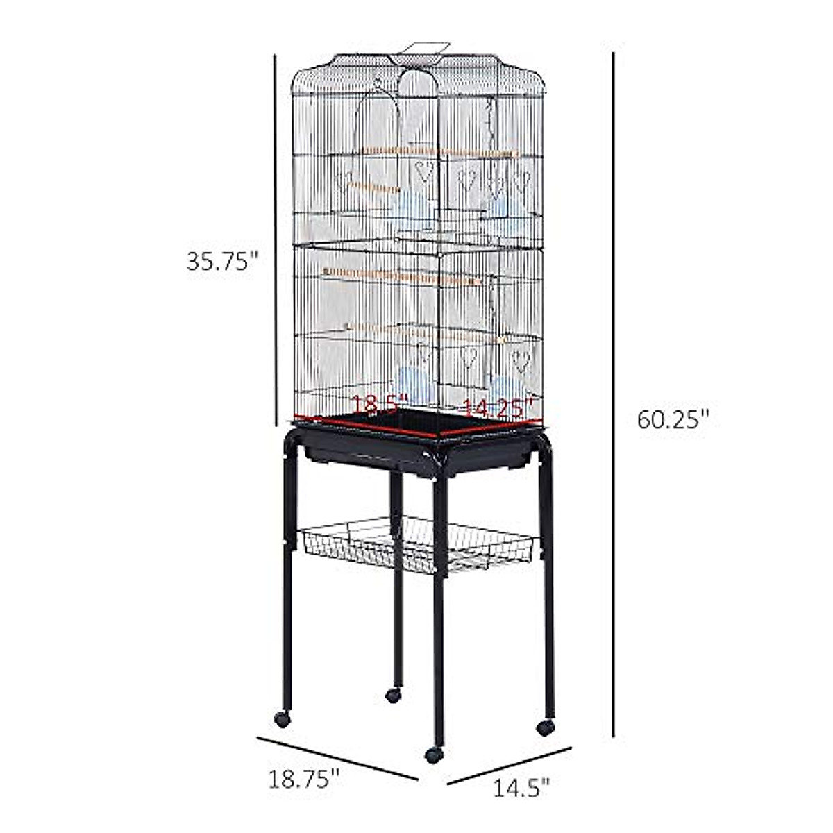 PawHut 60" Metal Indoor Bird Cage Starter Kit with Detachable Rolling Stand, Storage Basket, and Accessories, Black