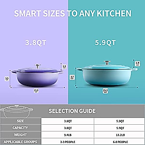 EDGING CASTING Enameled Cast Iron Dutch Oven Shallow Casserole Braiser with Dual Handle, 3.8-QT, Purple