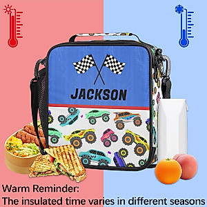 OMFUNS Racing Car Custom Name Reusable Lunch Bag for Kids Boys Teen, Colorful Truck Personalized Insulated Lunch Box Thermal Cooler Customized Lunch Tote Bag for School Picnic