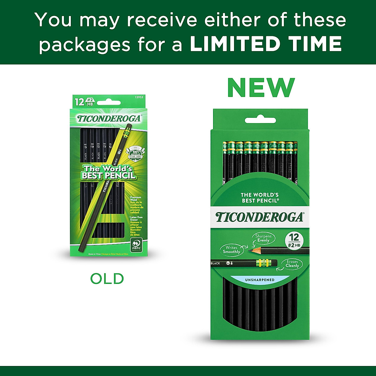 Ticonderoga Wood-Cased Pencils, Unsharpened, 2 HB Soft, Black, 12 Count