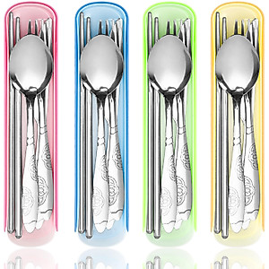 NOVWANG 4 Sets Travel Utensils with Case, Stainless Steel Cutlery Reusable utensils set with case Portable Silverware Lunch Box for Camping and Office