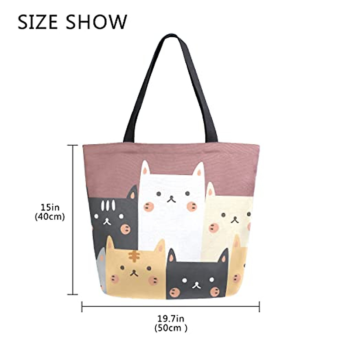 ALAZA Cut Cat Kitten Print Kawaii Large Canvas Tote Bag Shopping Shoulder Handbag with Small Zippered Pocket