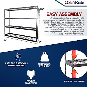 SafeRacks Garage Shelving Unit - Storage Shelf That Holds 500 Pounds Per Shelf Rack - All Steel Shelves for Storage - Easy to Assemble Shelving Storage, Garage Shelf, Hammertone (24" x 92" x 84")