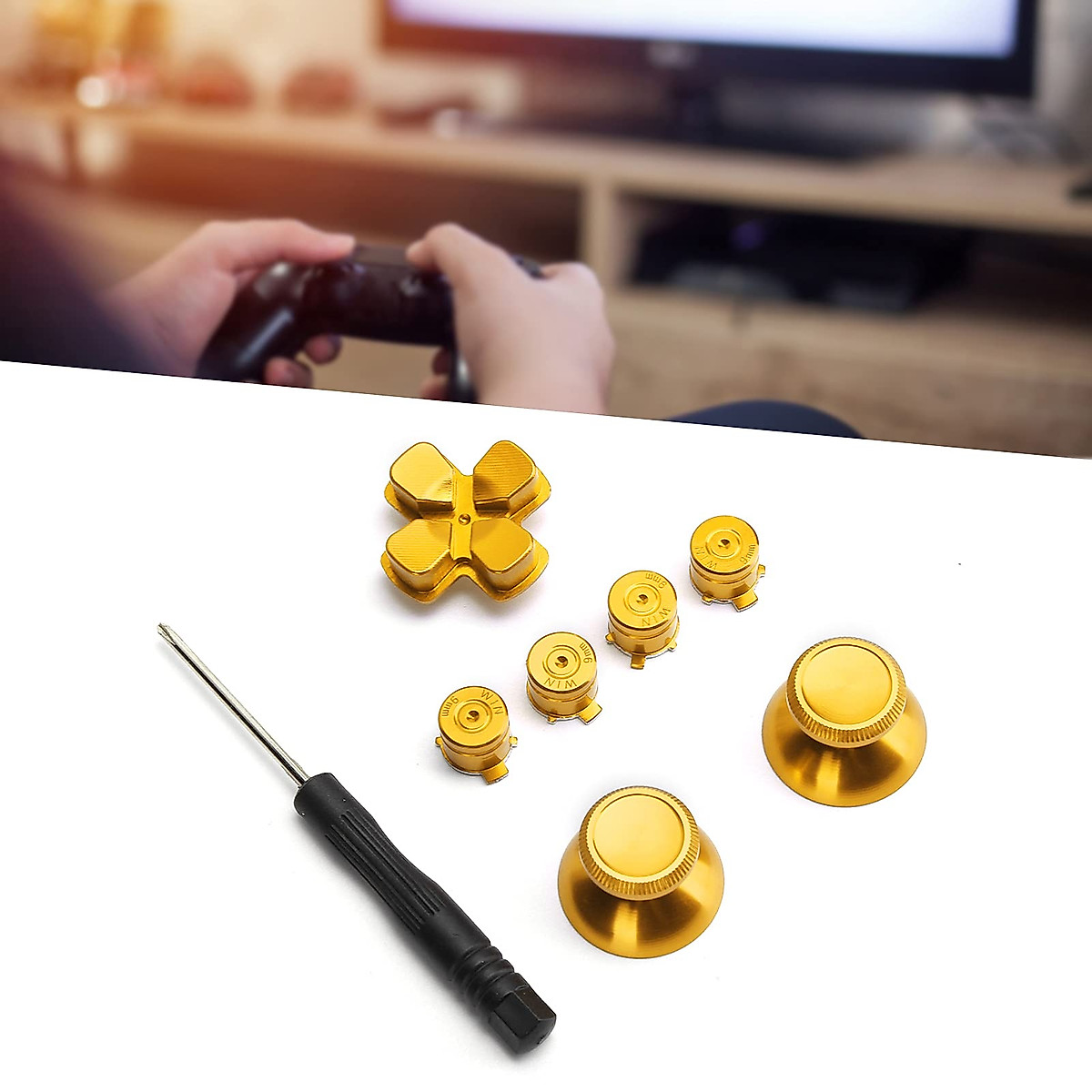 Metal Aluminium Alloy Buttons Set for PS4 Controller, ABXY Bullet Buttons + Thumbsticks Analog Thumb Grip + Chrome D pad for PS4, Joystick Replacement for PS4 Gamepad (Golden)