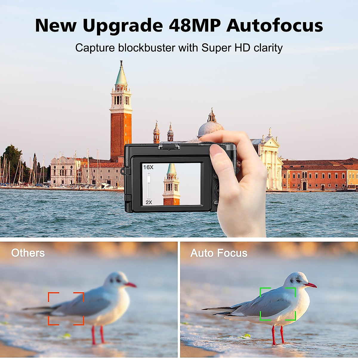 4K Digital Camera with Flash, 48MP Camera for Photography Teens Adults Autofocus Vlogging and YouTube Cameras with Flip Screen, Anti-Shake, 16X Digital Zoom, 32GB Card, Two Batteries, Lanyard