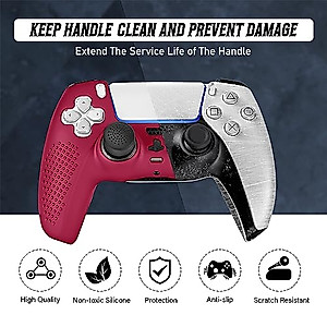 FAMOMI PS5 Controller Skin, Anti-Slip Soft Silicone Protective Cover Case for Playstation 5 Dualsense Controller Grip Accessories, 2 Pack with 8 x Thumb Grip Caps (Cosmic Red)