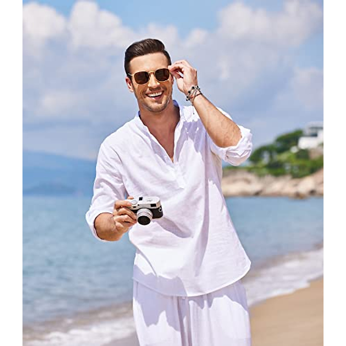 COOFANDY Men's Cotton Linen Henley Shirt Long Sleeve Hippie Casual Beach T Shirts White