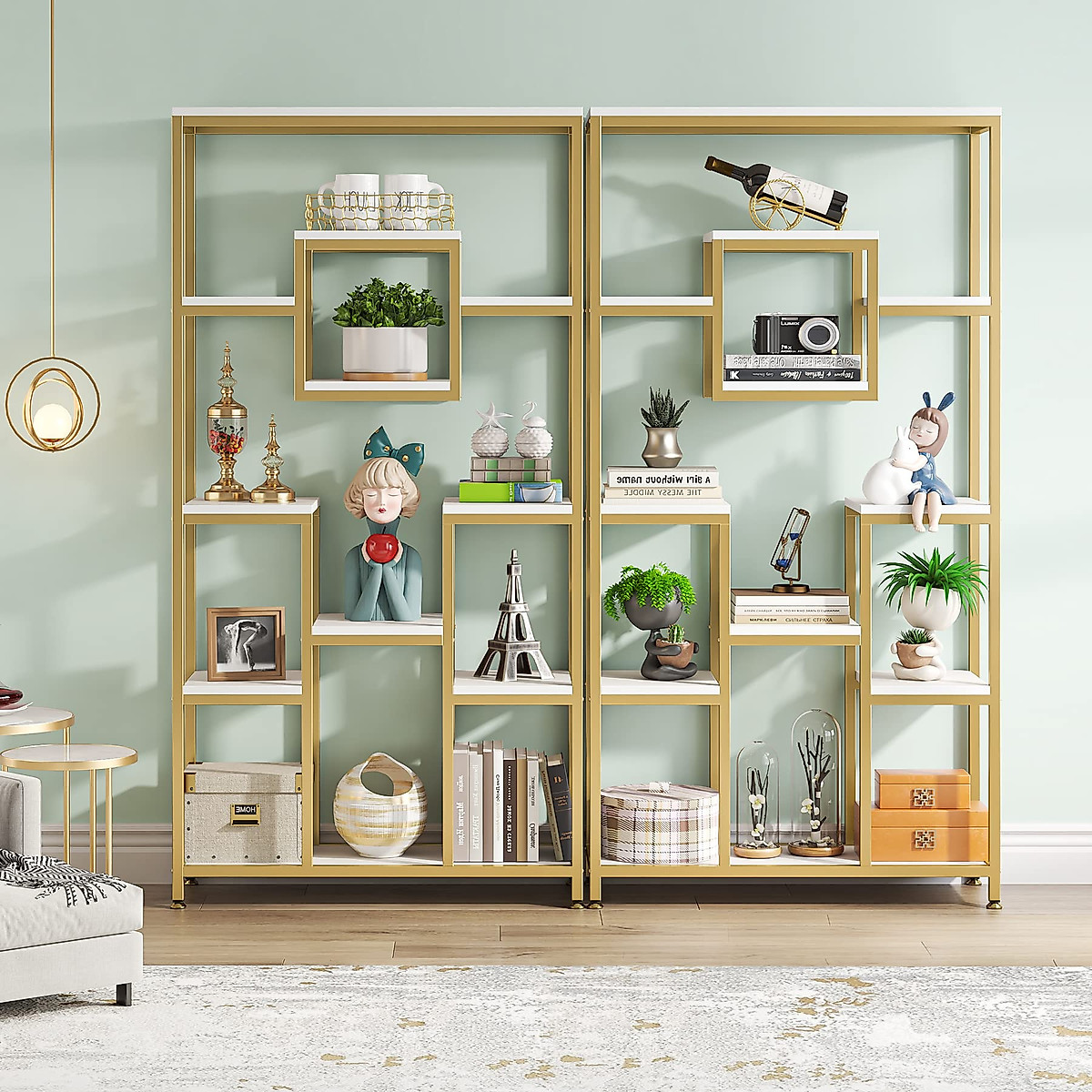 Tribesigns Bookcases and Bookshelves, 71” Tall Bookshelf with Metal Frame, Freestanding Geometric Bookcase with Open Display Shelf for Living Room, Bedroom, Home Office, White and Gold