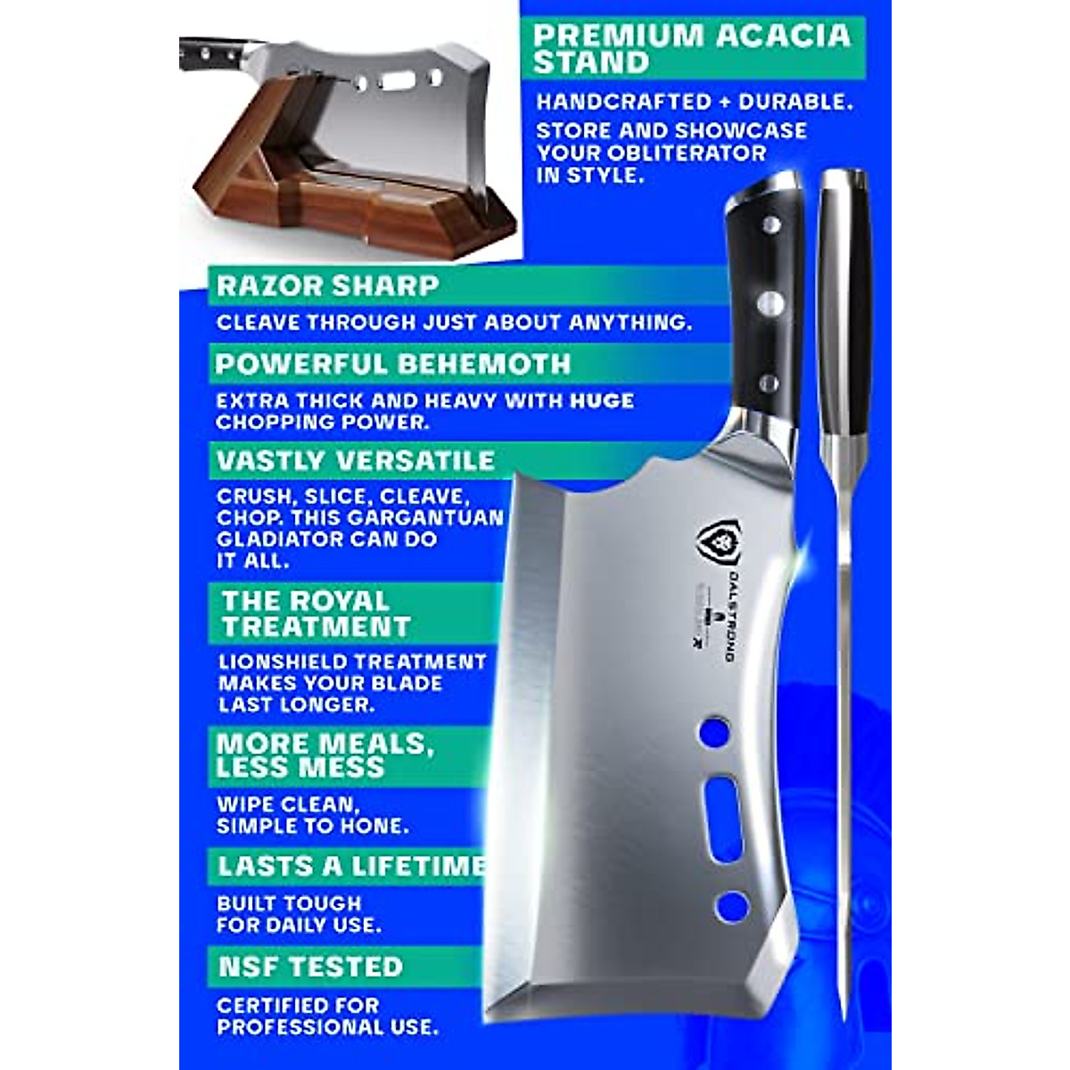 Dalstrong Obliterator Meat Cleaver - 9 inch - Gladiator Series R - Wood Stand and Sheath - Razor Sharp Massive Heavy Duty - 3lbs 6mm Thickness - 7CR17MOV Steel Kitchen - G10 Handle - NSF Certified