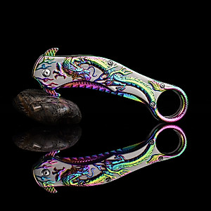 Vividstill Pocket Knife for Men, Cool Folding Knife With Embossed 3D Dragon Relief, Great Gift Edc Knife For Men Outdoor Survival Camping Hiking (Rainbow)