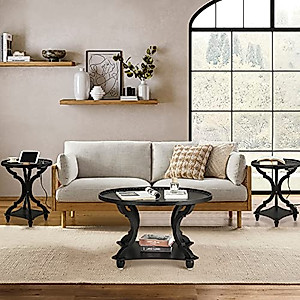 Wnutrees Farmhouse Round Coffee Table, Rustic Circle Coffee Table with Wood Tray Top for Living Room, Boho Coffee Table with Storage Shelf, Handcrafted Finish,Black