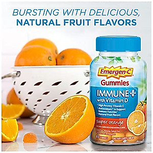 Emergen-C Immune+ Immune Gummies, Vitamin D plus 750 mg Vitamin C, Immune Support Dietary Supplement, Caffeine Free, Gluten Free, Super Orange Flavor - 45 Count