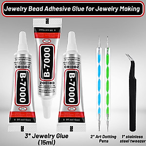 B7000 Rhinestone Glue for Jewelry Making, Clear Glue for Crafts Fabric Glue with Precision Tips Adhesive Glue with Dotting Pens Tweezers for Metal Stone Nail Art Beading Wood Glass 0.5 fl oz, 3 Packs