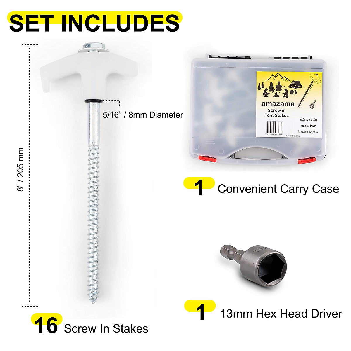 amazama Tent Stakes - 16 Heavy-Duty Ground Screw Anchor Pegs - Galvanized - Non Rust - Perfect for Yard, Garden, Awning & Canopy - Glow-in-The-Dark Tops - Hex Tool & Carry Case - Gazebo - Accessories