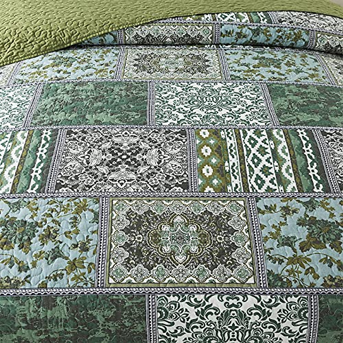 NEWLAKE Cotton Bedspread Quilt Sets-Reversible Patchwork Coverlet Set, Green Classic Bohemian Pattern,Queen Size