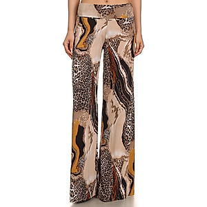 ICONOFLASH Women's Wide Leg Palazzo Pants with Fold-Over Waist (Milky Way Cheetah, Small)