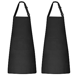 Black Apron for Women 2 Packs with Pockets Adjustable Bib Aprons for Chef, Men, Unisex, Servers, Water Oil Stain Resistant, for Cooking Kitchen Restaurant - (Black)