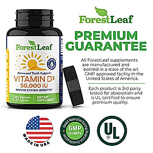 ForestLeaf - Vitamin D3 50,000 IU Weekly Supplement - 120 Vegetable Vitamin D Capsules for Bones, Teeth, and Immune Support - Easy Swallow Pure Vitamin D3 50000 IU- Non GMO Pills
