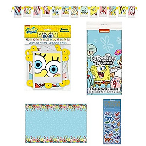 SpongeBob Squarepants Birthday Party Supplies Decoration Bundle Pack includes 1 Jointed Banner, 1 Table Cover, 1 Esave Dinosasur Sticker Sheet