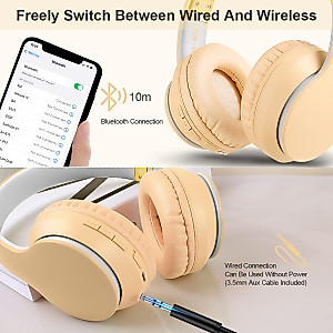 esonstyle Bluetooth Headphones Over Ear Foldable Wireless and Wired Stereo Headset with Mic Soft Earmuffs Light Weight for Phone TV PC Online Class Home Office (Apricot)