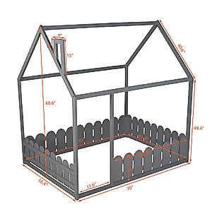 Kids House Beds, Full Floor Bed with Fence Wood Cabin Bed Frame Can be Decorated for Teens, Girls, Boys, Adults, Gray