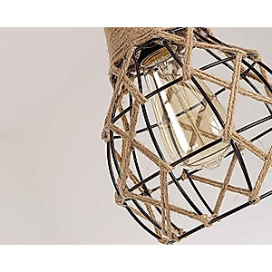 Rustic Industrial Woven Pendant Light, One-Light Adjustable Metal Hemp Rope Mini Pendant Lighting Fixture for Kitchen Island Cafe Bar Farmhouse, Black