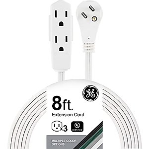 GE home electrical Indoor Extension Cord, 8 Ft Power Cable, 3 Grounded Outlets, 3-Prong, Low-Profile Flat Plug, 16 Gauge, UL Listed, White, 50251