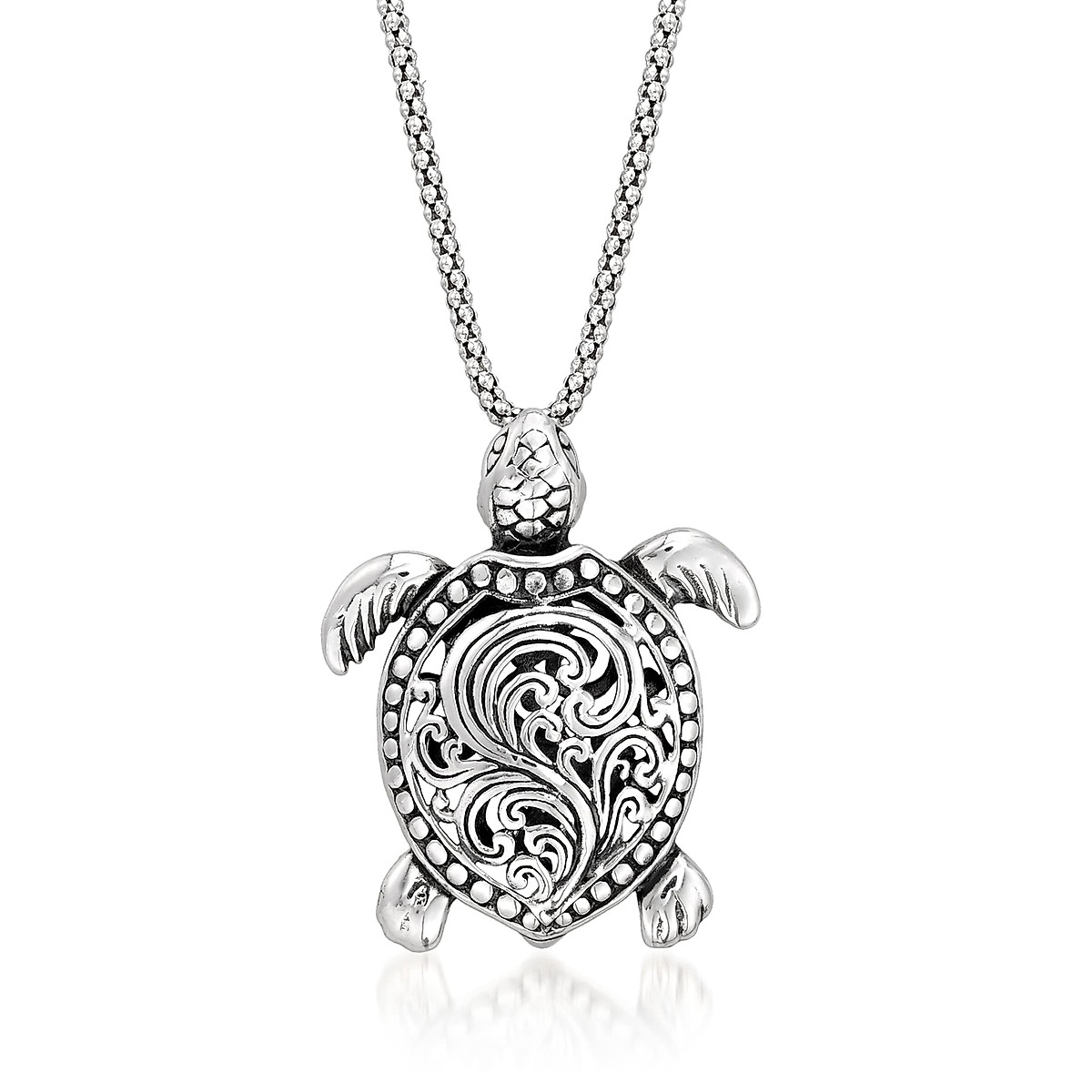 Ross-Simons Sterling Silver Bali-Style Turtle Pendant Necklace. 18 inches