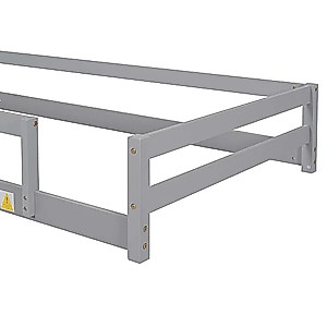 Twin Size Montessori Wood Floor Bed with House-Shaped Headboard and Fences, Full Platform Bed for Kids,Girls,Boys, Low to Ground Height, No Box Spring Needed (Grey)