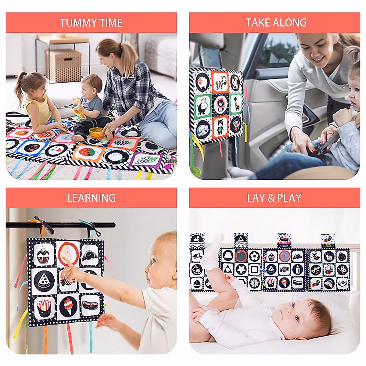 ONTODEX Baby Toys 0-6 Months, 4-in-1 Infant Tummy Time Mat, Newborn Black and White High Contrast Toddler Sensory Activity Play Mat with Mirror, Teethers, Rattles