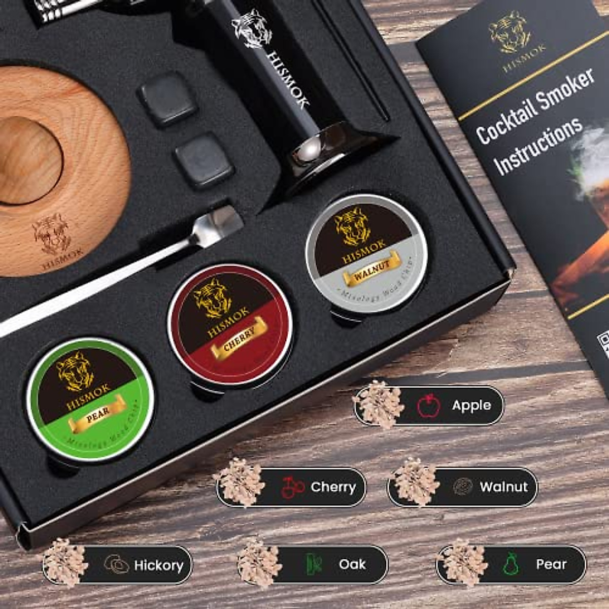 Cocktail Smoker Kit with Torch by HISMOK - 22 PCS Bourbon Whiskey Smoker Kit with 6 Wood Chips & 4 Marble ICES,Old Fashioned Cocktail Kit Birthday/Valentines Day Gifts for Him/Dad/Husband(No Butane)