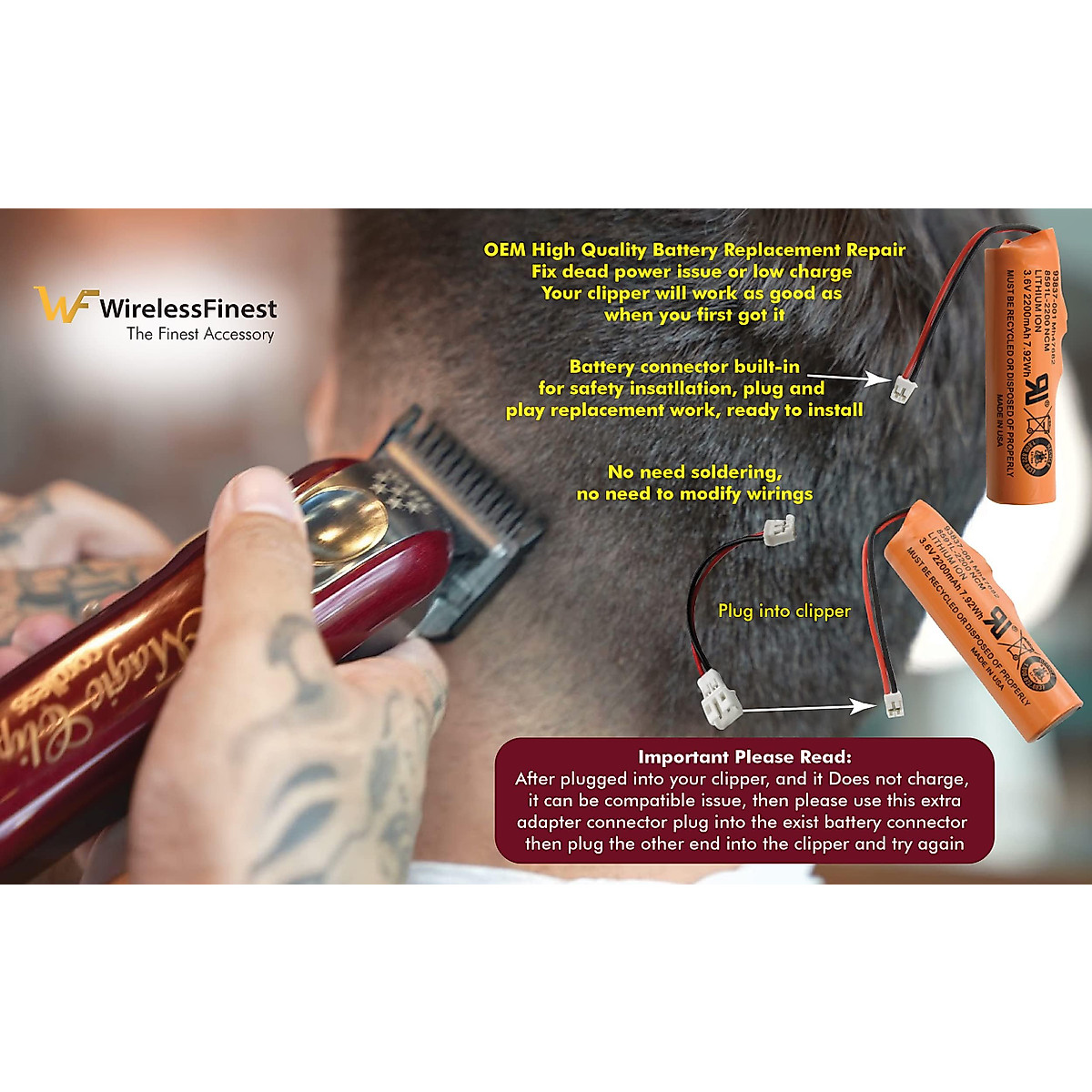 WirelessFinest Battery Replacement for Wahl Magic Clip Clipper Hair Cordless Designer Senior Sterling-4 Beretto Super Taper Part 93837-OO1 + Tool Repair Fix Dead Power Issue