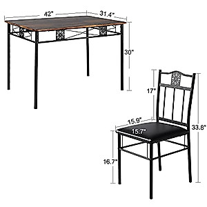 VECELO Kitchen Dining Room Table Sets for 4, 5 Piece Metal and Wood Rectangular Breakfast Nook, Dinette with Chairs, Retro-Brown