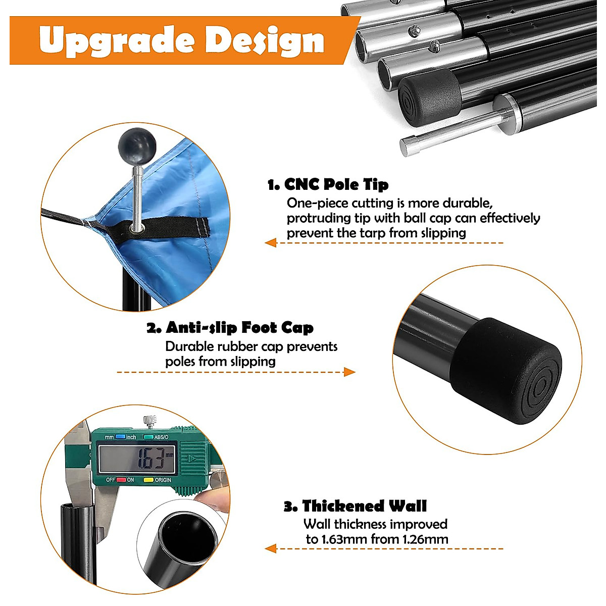 Sutekus Aluminum Poles Tarp Poles Replacement Accessories 5 Section Multifunction Aluminum Rod with Lantern Hook for Camping Shelters Canopy Support 2 Poles (Black)