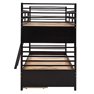 Twin over Twin Bunk Bed with Two Storage Drawers, Solid Wood Bunk Beds with Guardrails and Angle Ladders for Kids Boys Girls Teens, can be Divided into Two Individual Beds (Twin Size, Espresso)