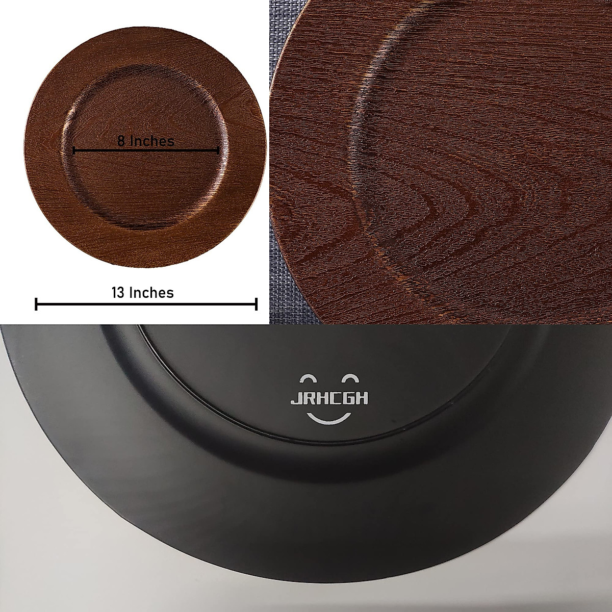 JRHCGH 13" Round Faux Wooden Charger Plate,Flexible Antique Plastic Plate Bulk Wedding,Charger & Service For Dinner Plates,Elegant Decor Place Set Of 6 (3312-03C)